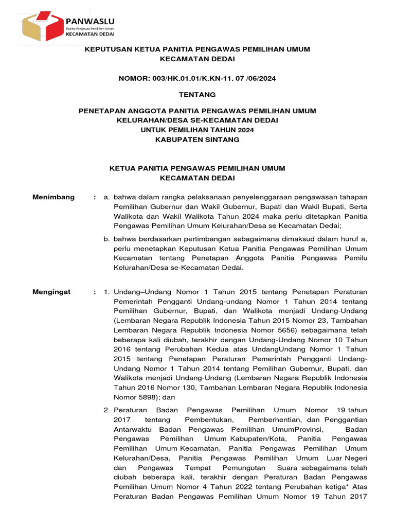 SK PPKD Kecamatan Dedai | PDF