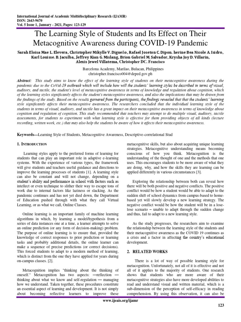 The Learning Style of Students and Its Effect On Their Metacognitie Awareness During COVID-19 ...