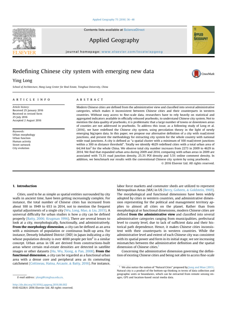 Long 2016 Redefining Chinese City System | PDF | Geographic Information ...