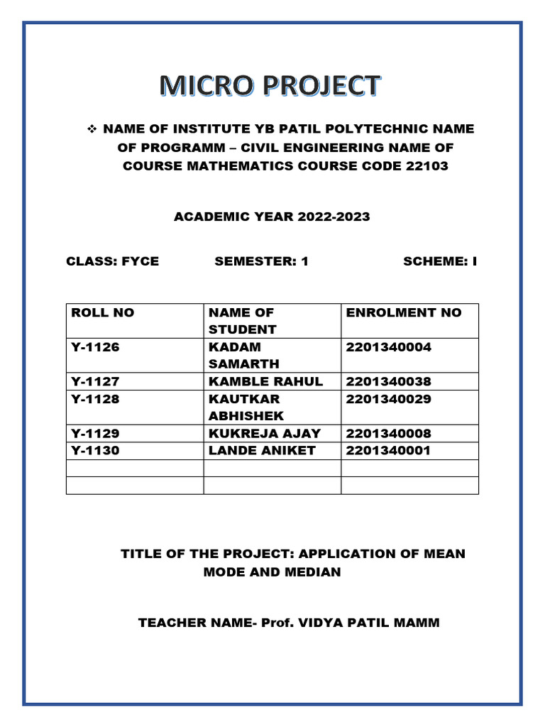 Micro Project Civil 1 Year Maths | PDF | Mean | Mode (Statistics)