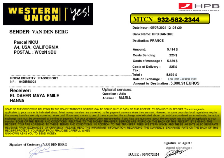 Western Union Transfer Receipt Details | PDF | Wire Transfer | Exchange ...