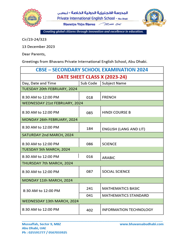 Class 10 CBSE Exam Date Sheet 2024 | PDF | Educational Stages