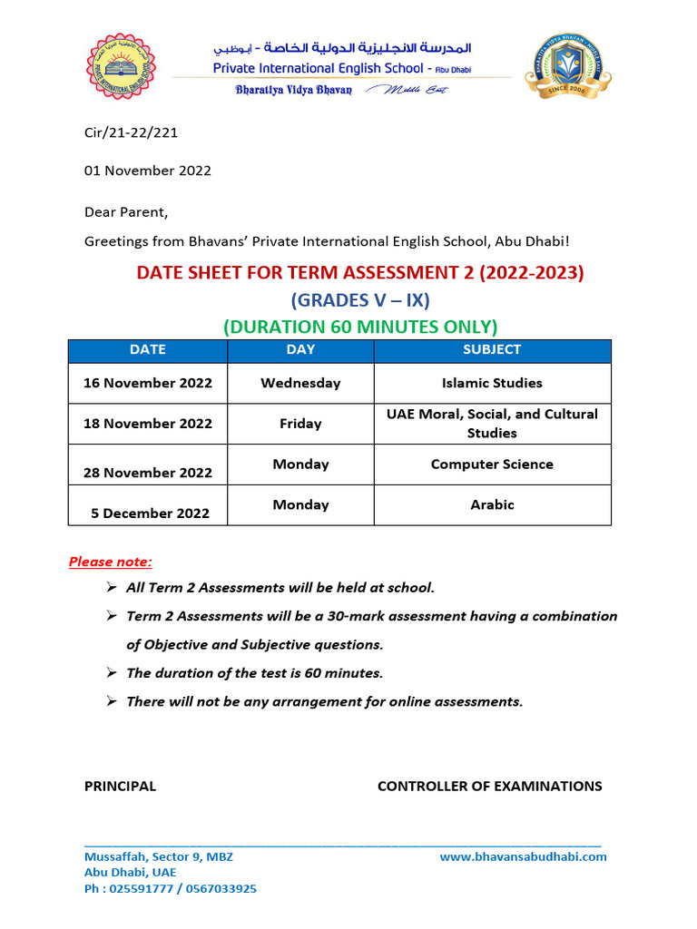 Date Sheet For Term Assessment 2 - Grades 5-9 | PDF