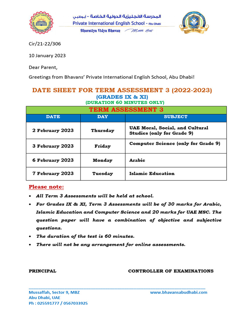 Date Sheet Term3 Assessment | PDF