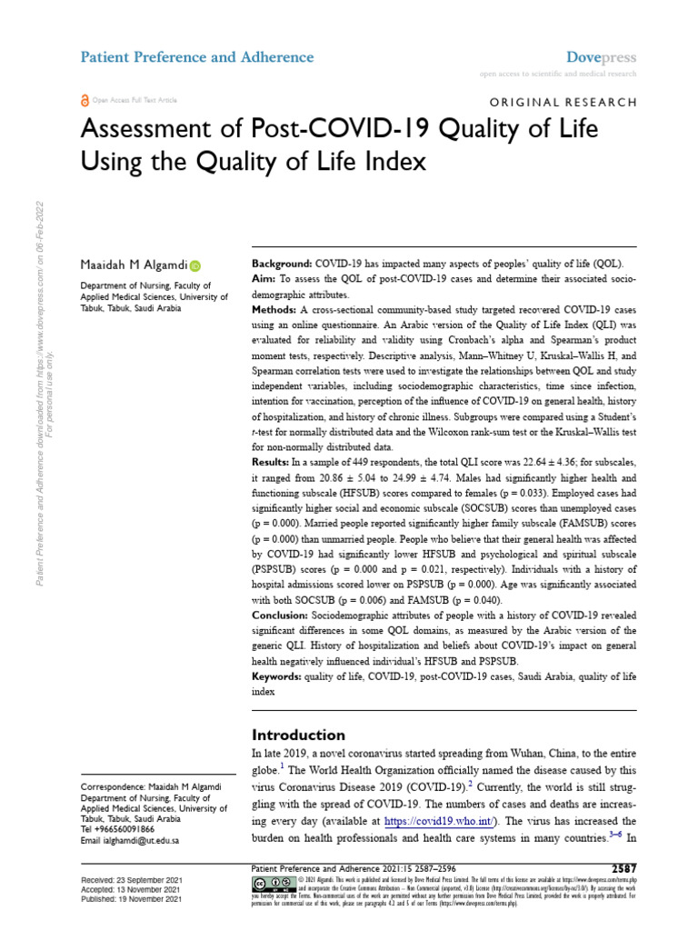 PPA 340868 Assessment of Post Covid 19 Quality of Life Using The Qualit ...