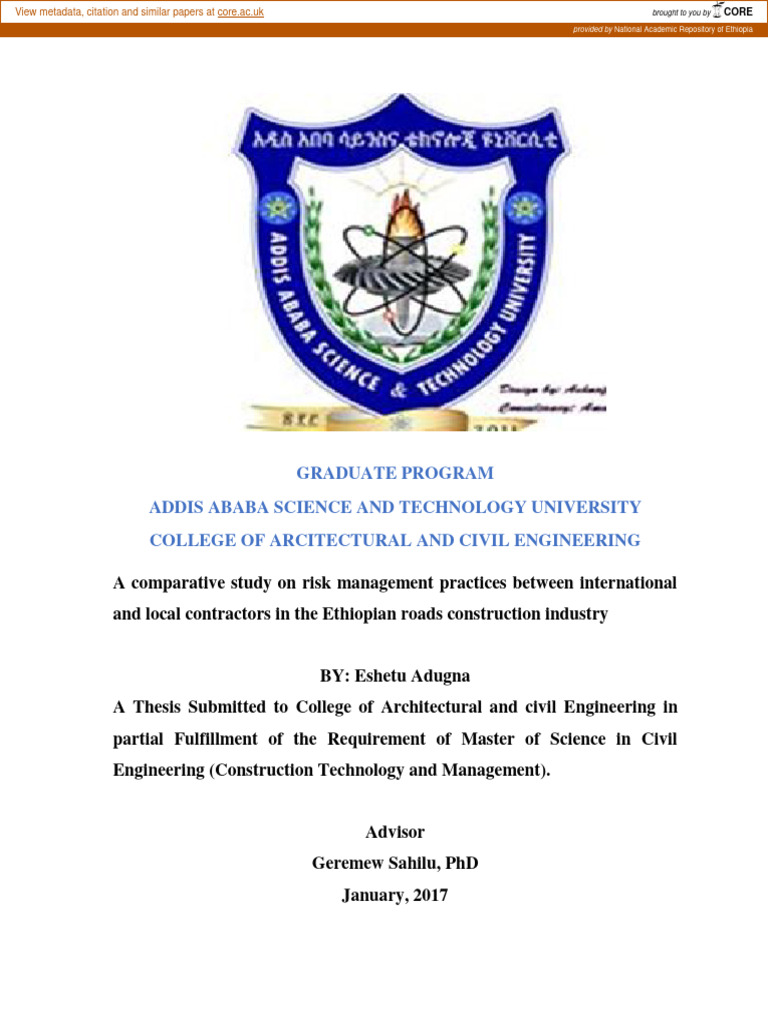 Graduate Program Addis Ababa Science and Technology University College of Arcitectural and Civil ...