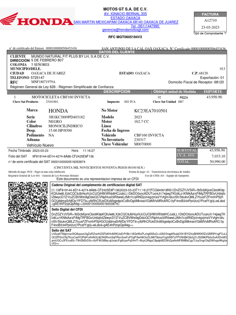 Factura Moto Honda 2023 | PDF | Tecnología de vehículos | Motociclismo