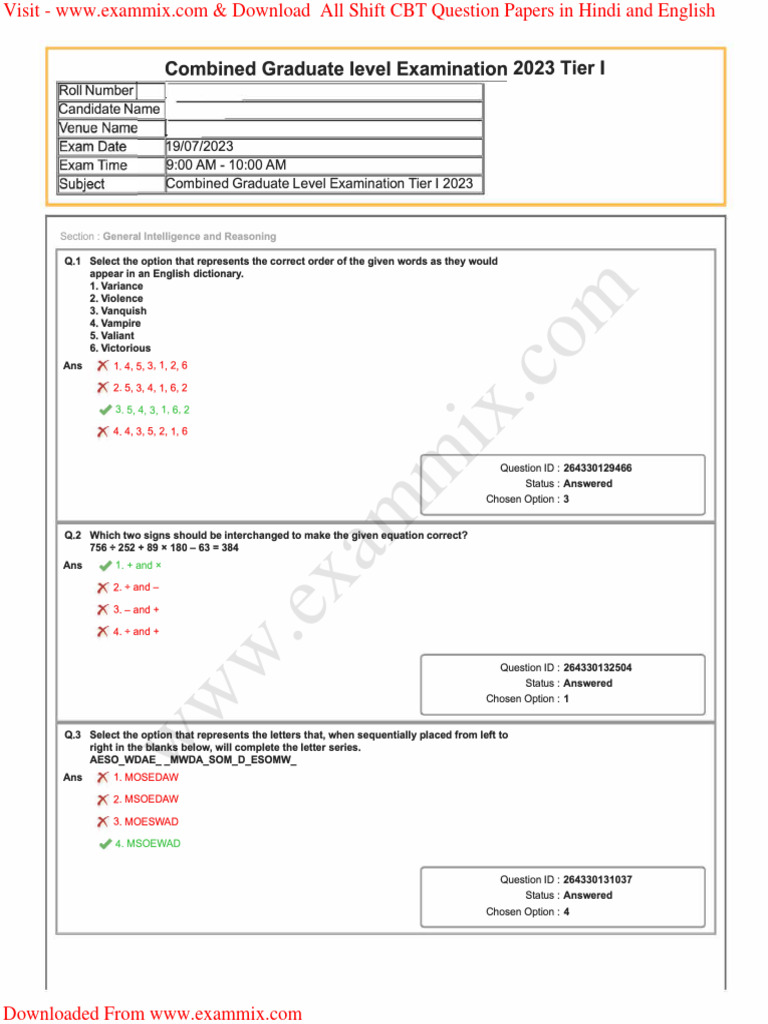 SSC CGL Tier 1 All Shift Question Paper 2023 PDF in English 19-7-23 ...