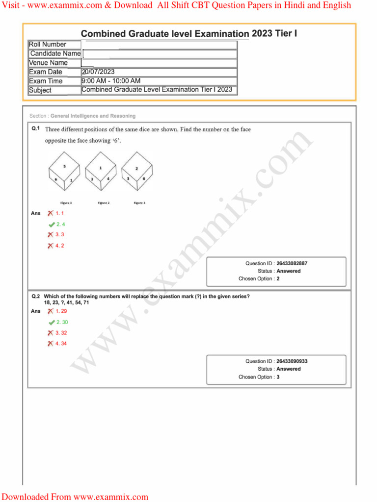 SSC CGL Tier 1 All Shift Question Paper 2023 PDF in English 20-7-23 ...