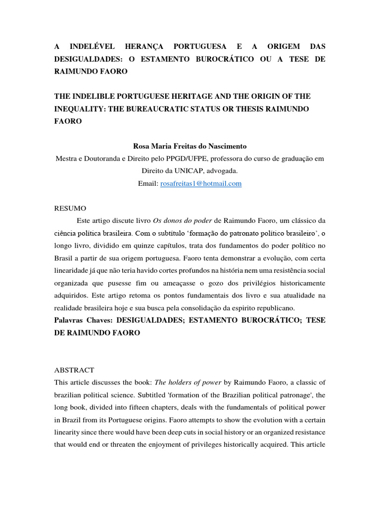 A INDELÉVEL HERANÇA PORTUGUESA E A ORIGEM DAS DESIGUALDADES O ESTAMENTO ...