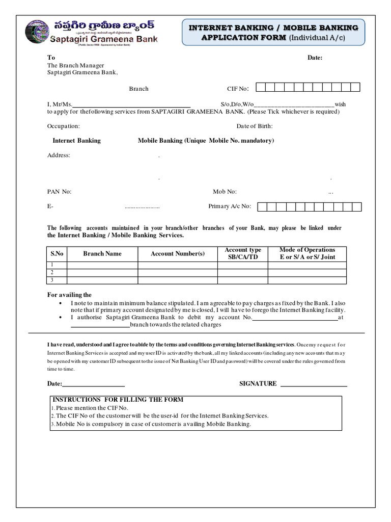Mobile Banking & Internet Banking Application Form | PDF | Password | Banks