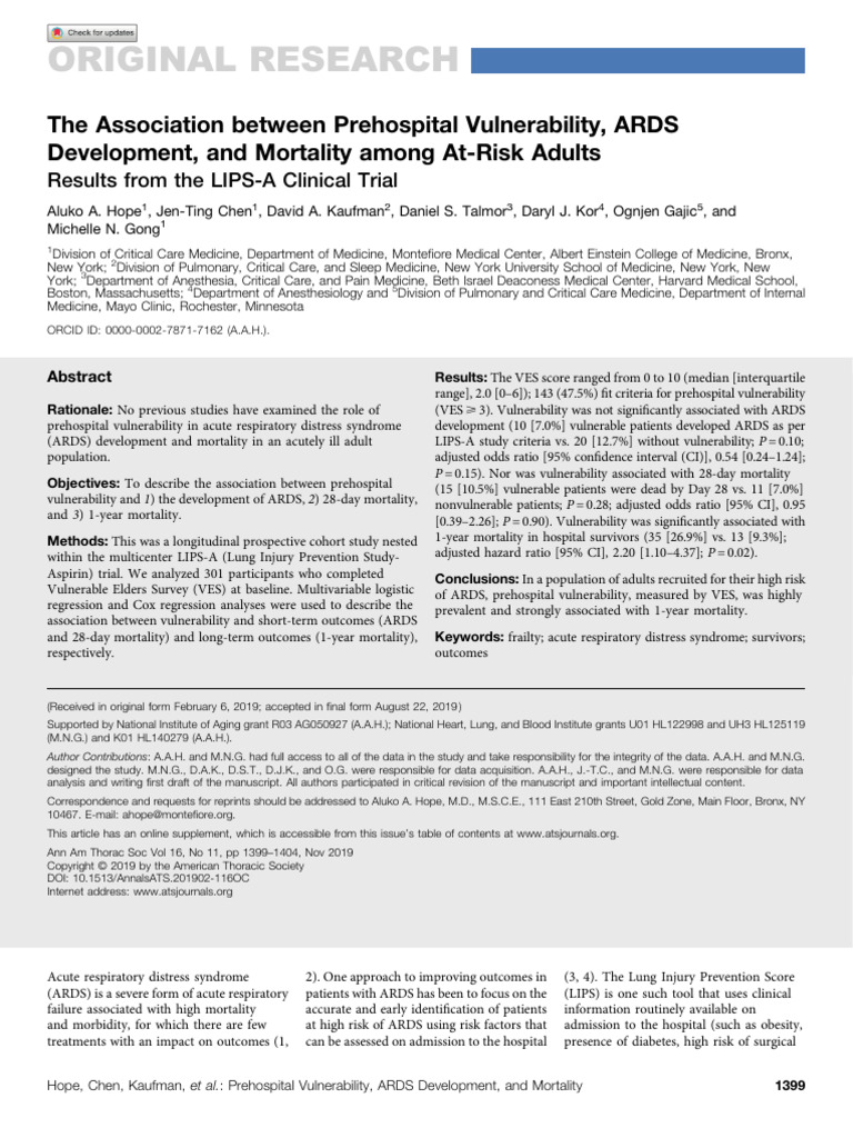 Hope Et Al 2019 The Association Between Prehospital Vulnerability Ards ...