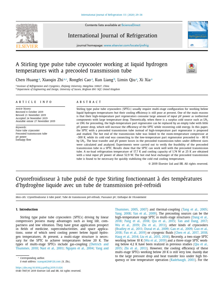 2019 - A Stirling Type Pulse Tube Cryocooler Working at Liquid Hydrogen Temperatures With A ...