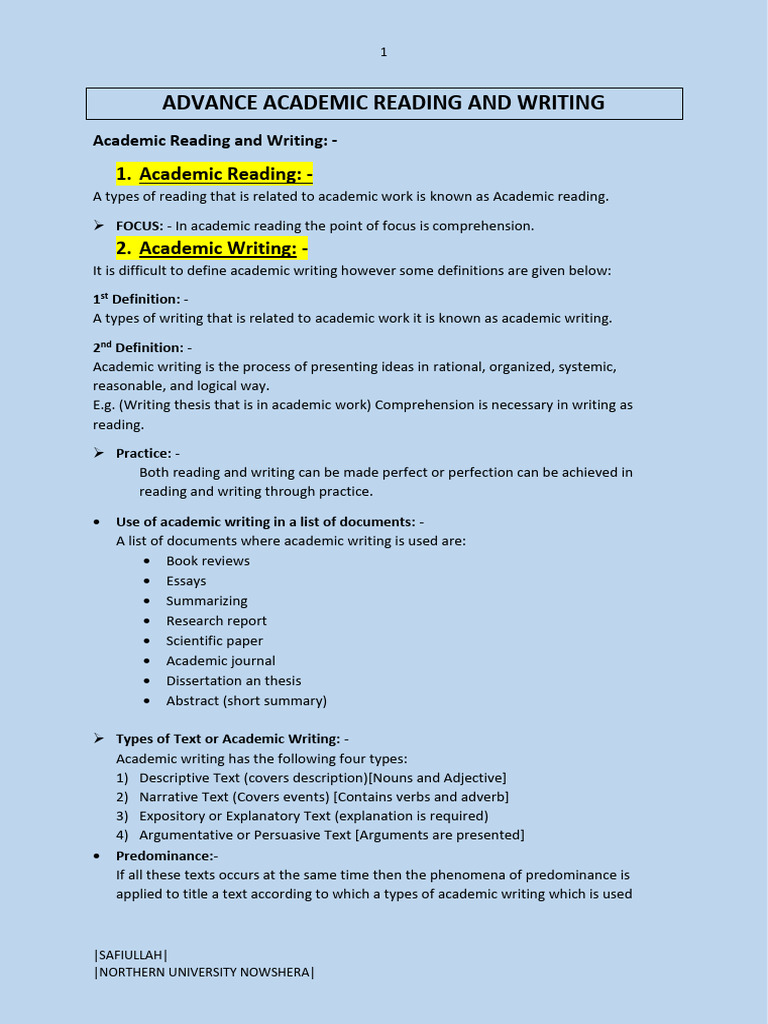 Advance Academic Reading and Writing Notes | PDF | Essays | Verb