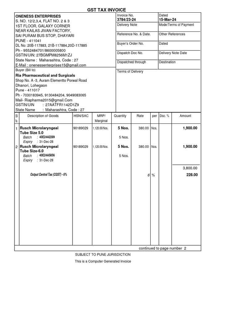 GST Tax Invoice: Oneness Enterprises 3784/23-24 15-Mar-24 | PDF ...