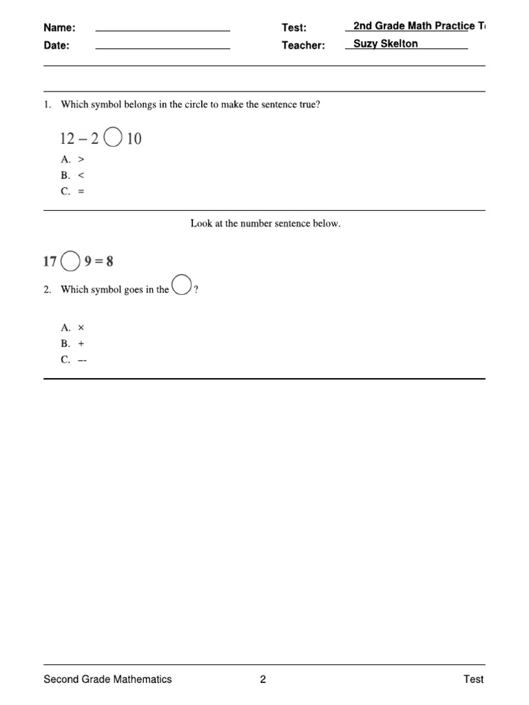 Second Grade Math Test | PDF