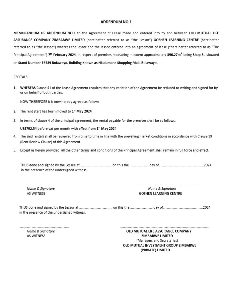 ADDENDUM NO.1 GOSHEN LEARNING CENTRE | PDF | Lease | Land Law