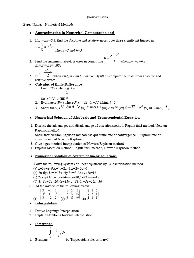 Numerical_Question Bank 2 | PDF | Numerical Analysis | Mathematics Of Computing