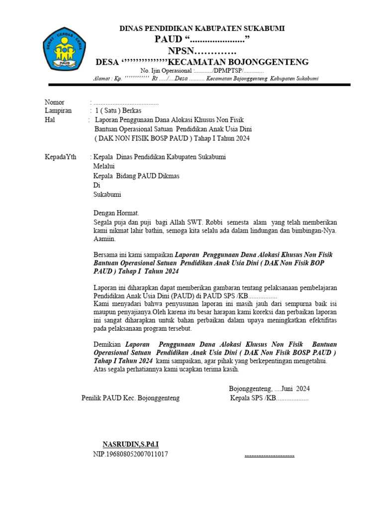 Laporan DAK Non Fisik BOSP PAUD 2024 | PDF