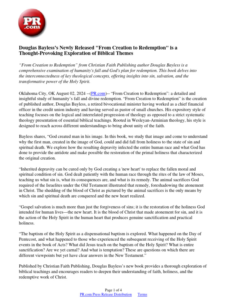 Douglas Bayless's Newly Released "From Creation To Redemption" Is A ...