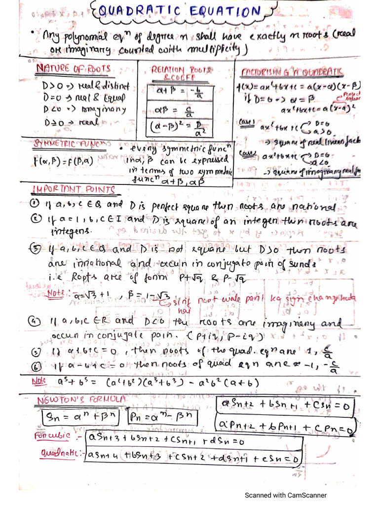 Quadratic Equation Short Notes | PDF