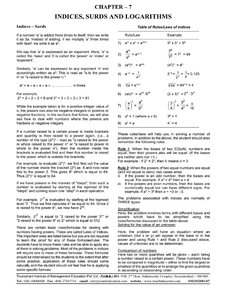 Indices, Surds and Logarithms | PDF