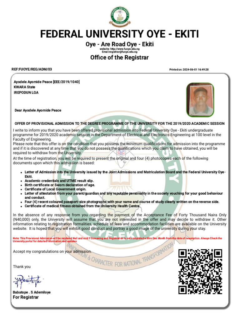 Admission Letter For Ayodele Ayomide Peace - Federal University Oye ...