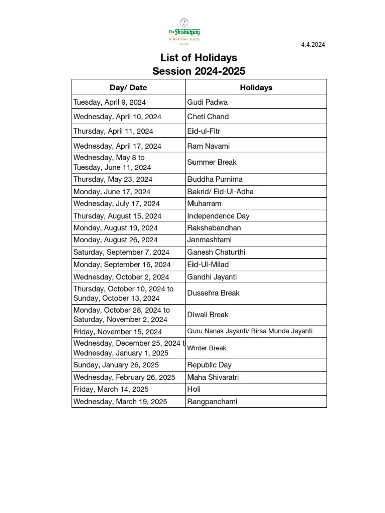 List of Holidays 2024 25 | PDF