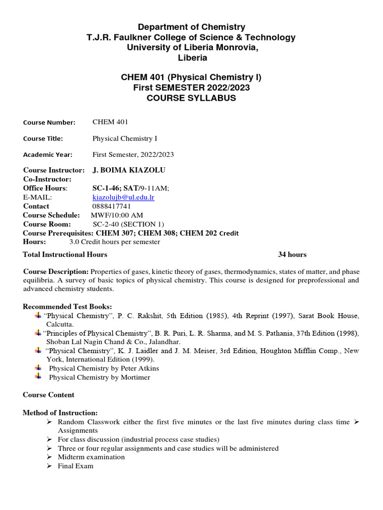 CHEM 401 - Course Outline - 2023 | PDF | Physical Chemistry | Chemistry