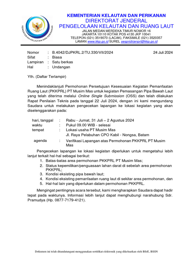 Signed Undangan Verifikasi Lapangan Atas Permohonan PKKPRL PT Musim Mas ...