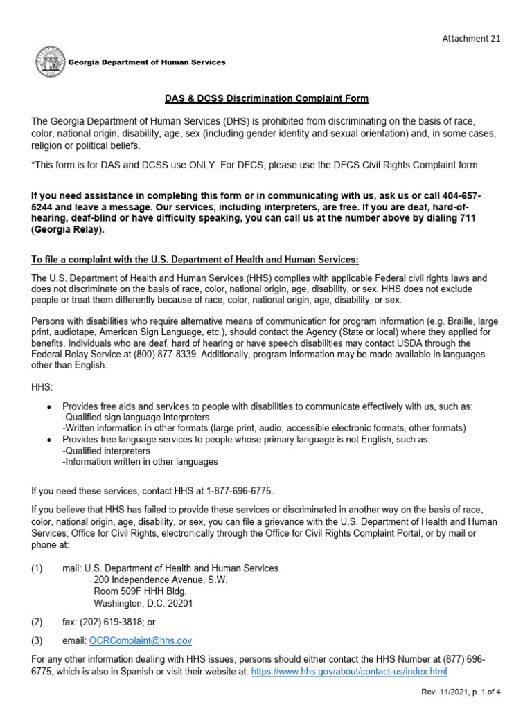 Georgia DHS Discrimination Complaint Form | PDF | Discrimination ...