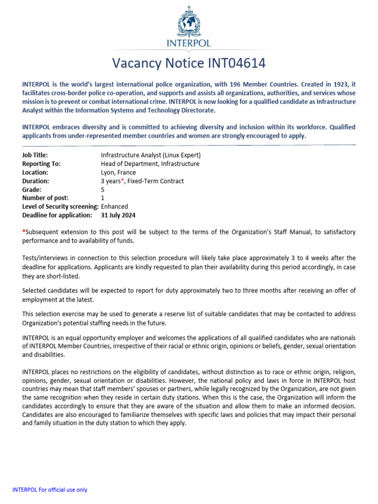 INTERPOL Infrastructure Analyst Job | PDF | Cloud Computing | Computing