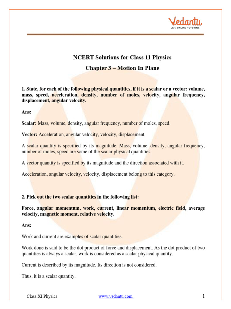 NCERT Solutions For Class 11 Physics Chapter 3 - Motion in A Plane PDF | PDF | Acceleration ...