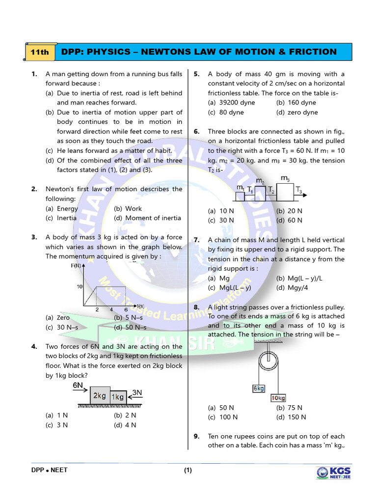 Newton's Laws of Motion - DPP 1 - 6204431003 | PDF | Force | Tension ...