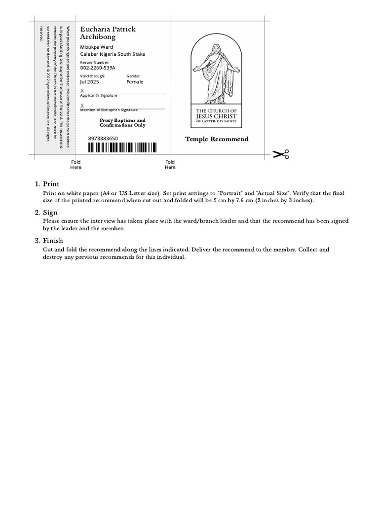 Temple Recommend for Eucharia | PDF