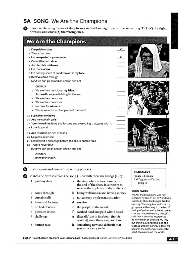 We Are The Champions SONG ACTIVITY 5A | PDF