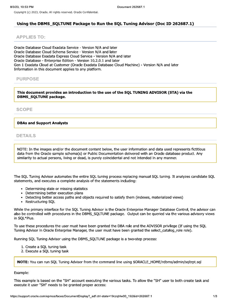 Dbms - Sqltune Package To Run The SQL Tuning Advisor | PDF