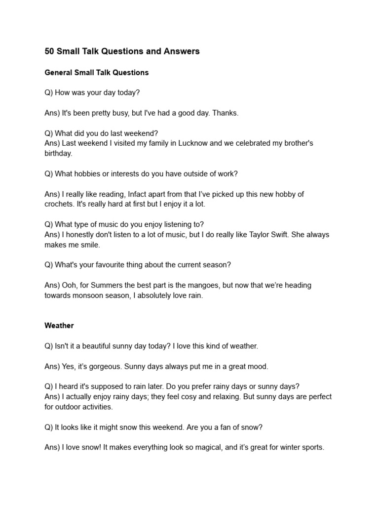 50 Engaging Small Talk Questions | PDF | Pet
