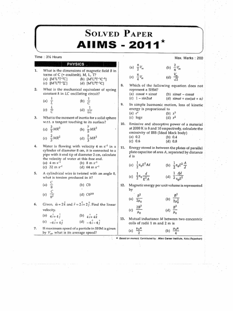 AIIMS Previous Question Papers | PDF