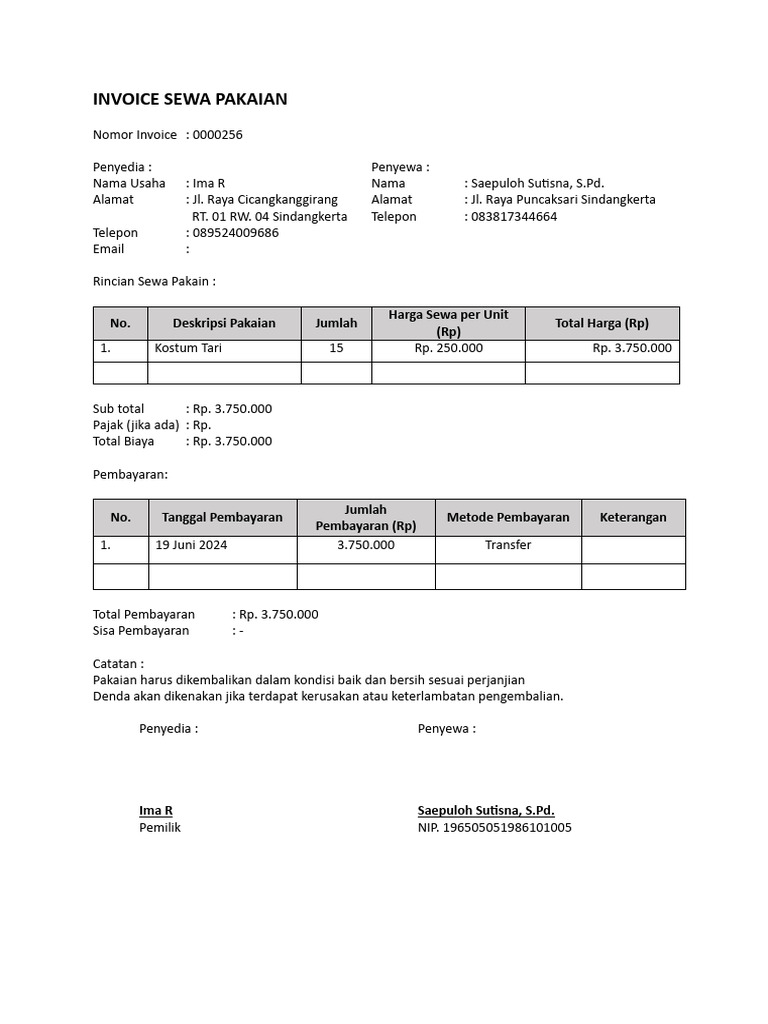 Invoice Sewa Pakaian | PDF