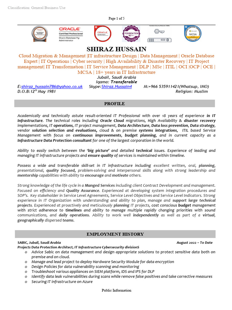 Shiraz - Hussain MSC Oci Itil Oce Ocp Mcsa | PDF | Databases | Cloud Computing