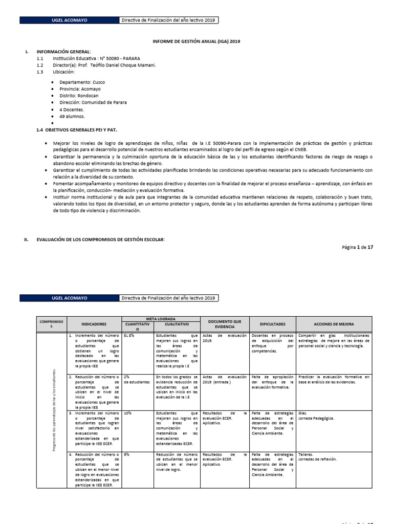 Ugel Acomayo: Informe de Gestión Anual (Iga) 2019 I. Información General | PDF | Evaluación ...