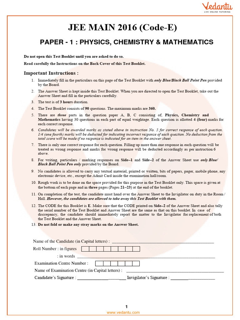 JEE Main 2016 Test Booklet Instructions | PDF | Physics | Physical ...