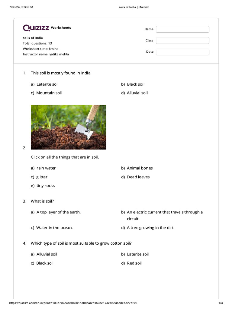 Soils of India: Quiz Worksheet | PDF | Soil | Natural Environment
