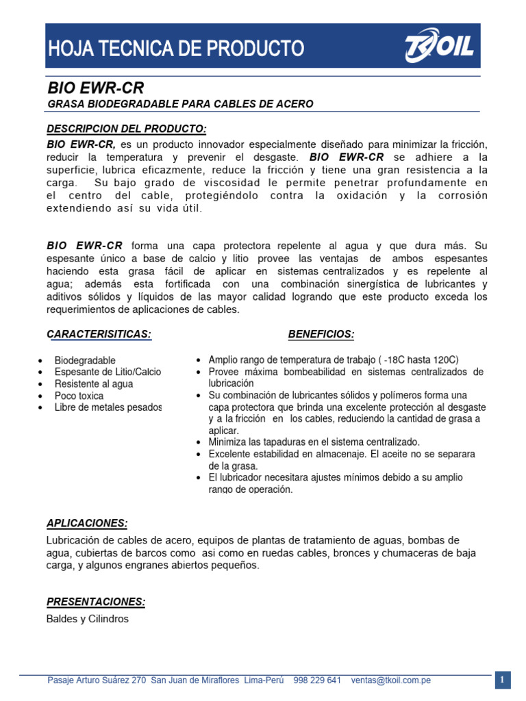 Grasa Bio Ewr-Cr - FT | PDF | Lubricante | Materiales
