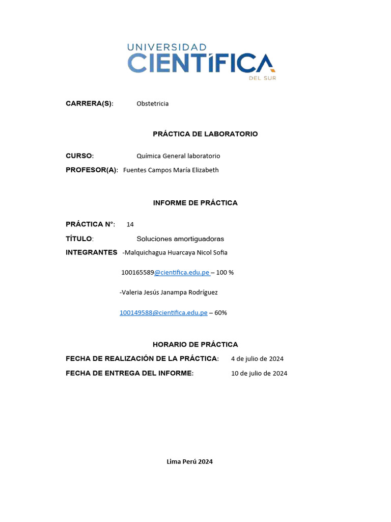 Informe Laboratorio 14 | PDF | Ph | Solución tampón