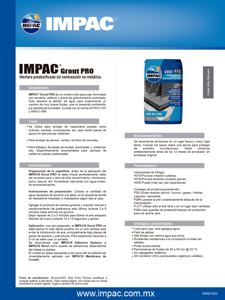 Impac Grout Pro | PDF | Hormigón | Mortero (Albañilería)
