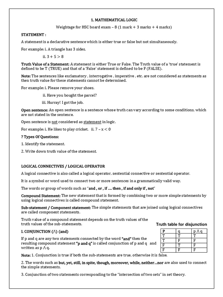 Mathematical Logic for HSC Exam | PDF | Truth | Formalism (Deductive)