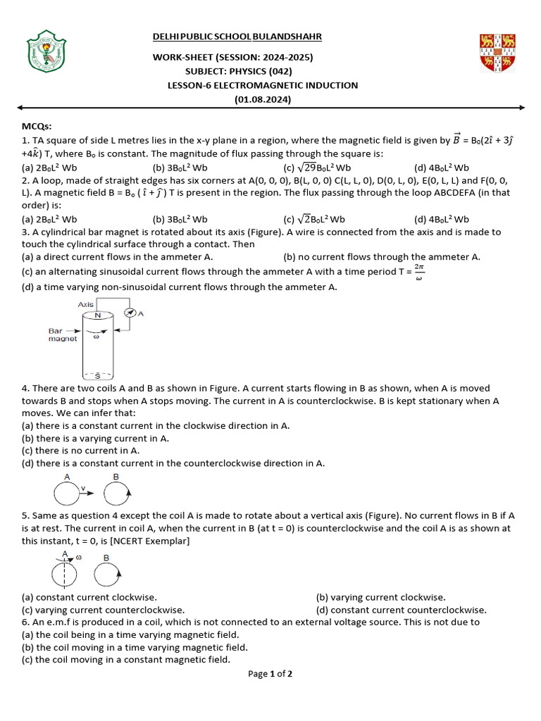 Worksheet-1 Lesson-6 Electromagnetic Induction | PDF | Inductor ...