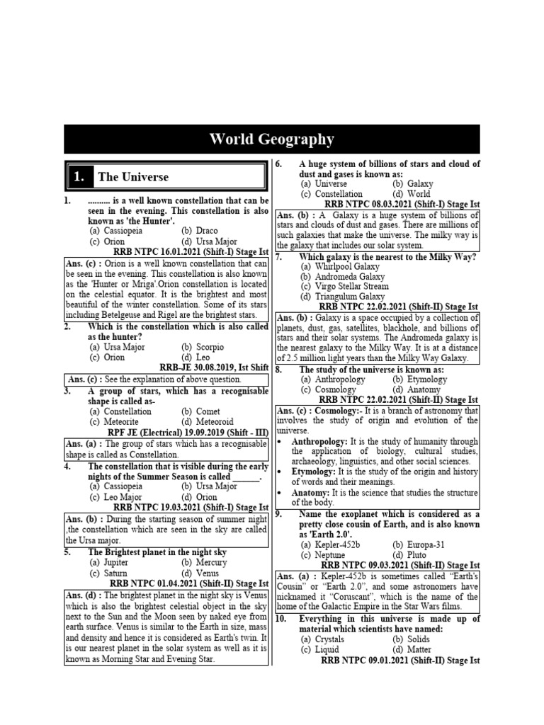 YCT World Geography | PDF | Planets | Sun